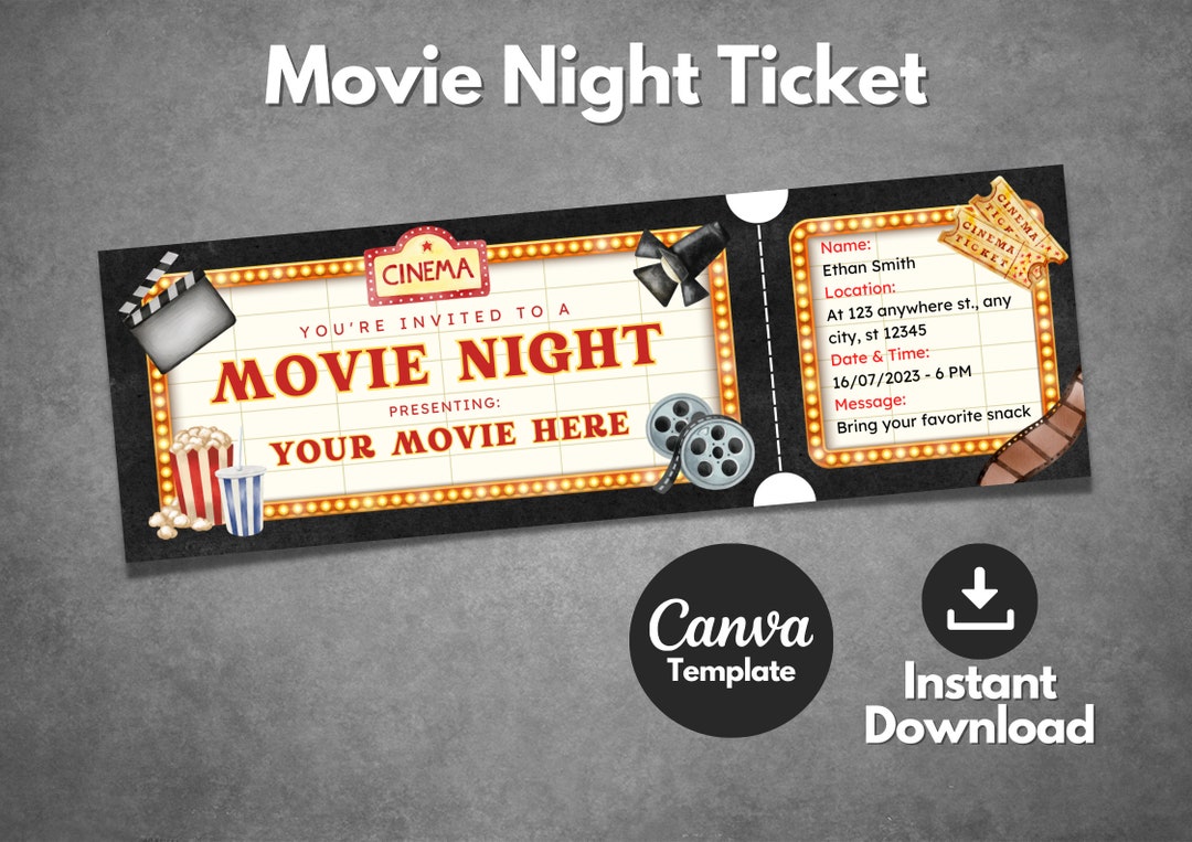 Editable Movie Night Ticket Template, Printable Movie Night Invitation ...