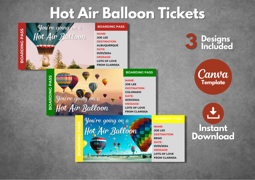 Editable Hot Air Balloon Ride Ticket Template, Printable Hot Air ...