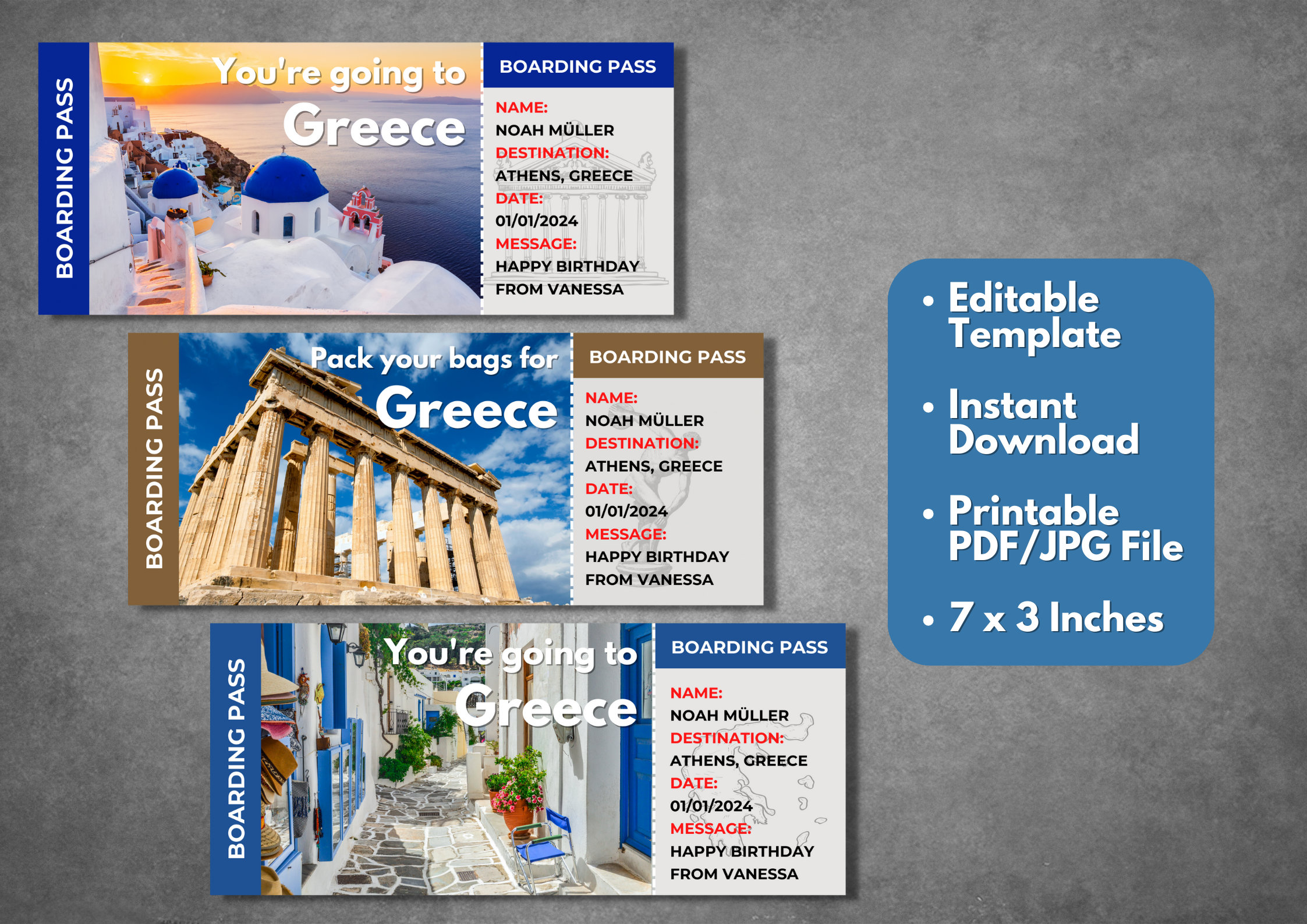 Editable Greece Boarding Pass Template, Printable Greece Vacation Trip ...