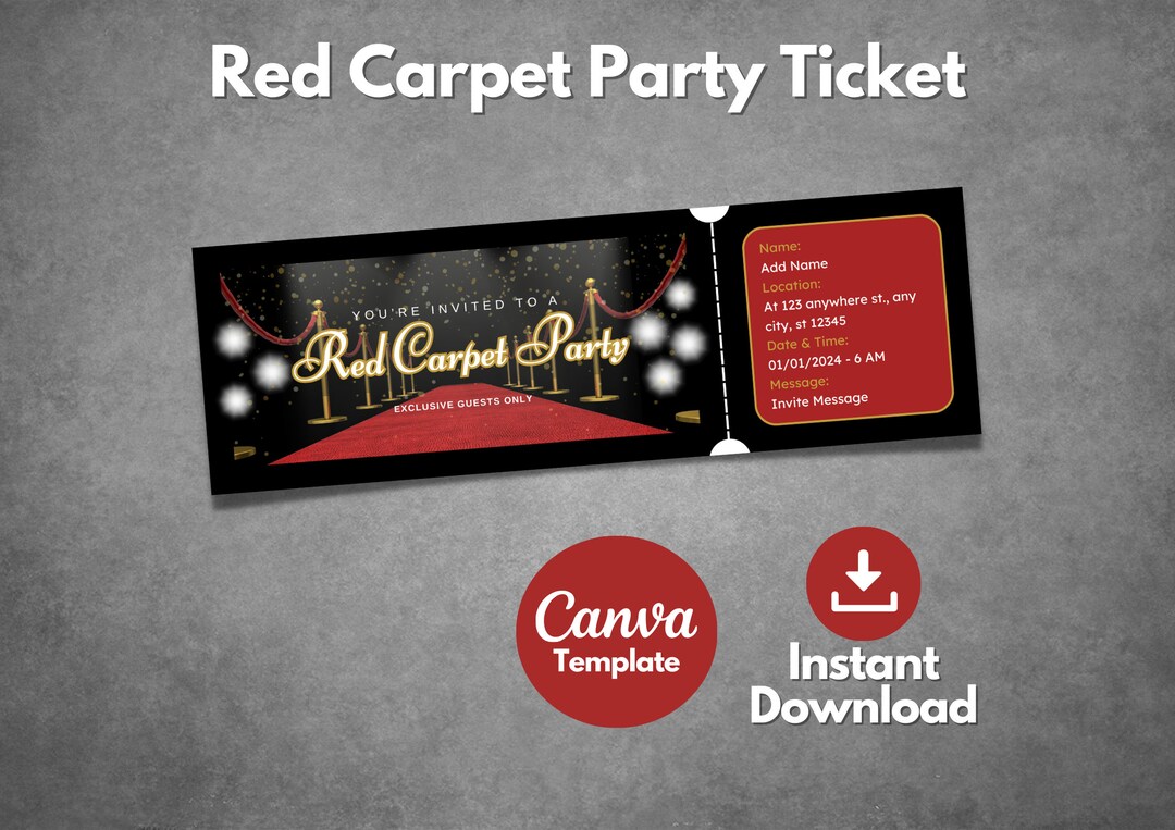 Editable Red Carpet Party Ticket Invitation Template, Printable Red ...