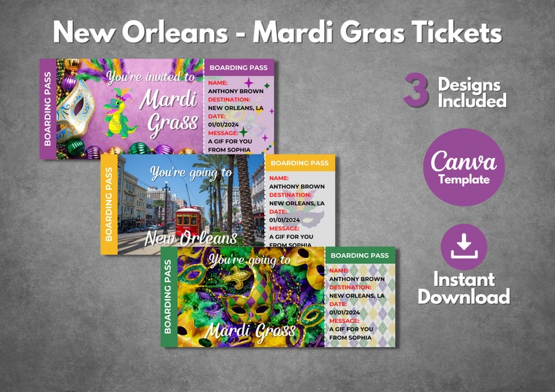 Mardi Gras Boarding Pass Template, Surprise Ticket Invite (digital ...