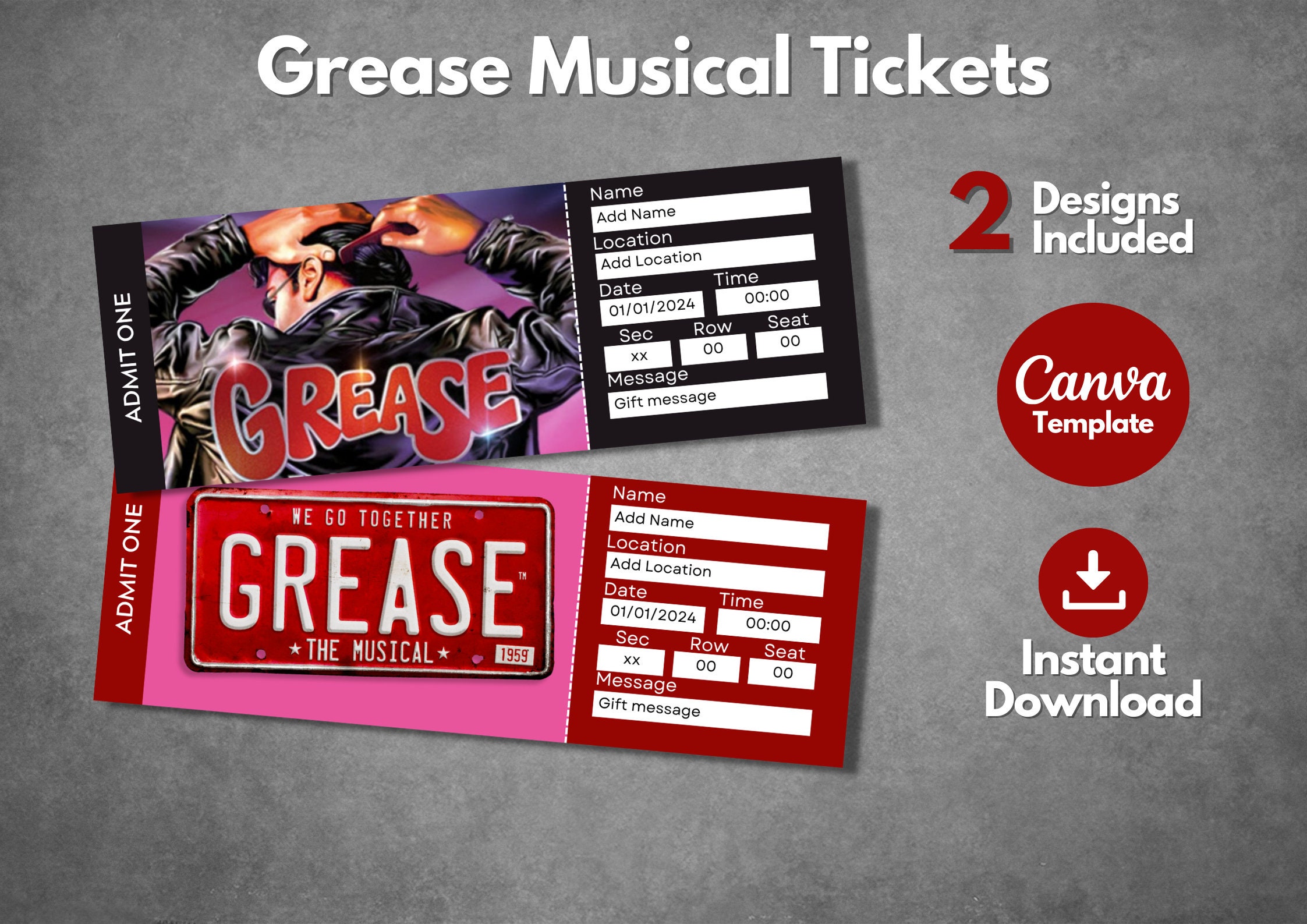 Editable Grease Broadway Ticket Template, Printable Grease Theatre Play ...