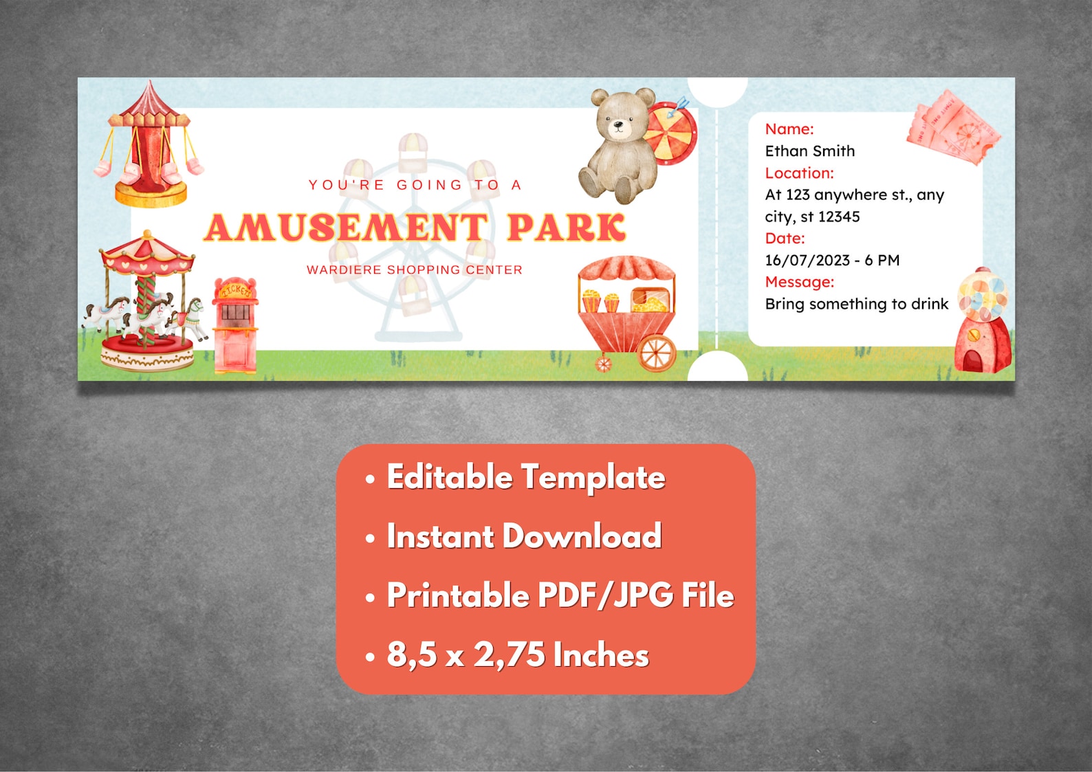 Editable Amusement Park Ticket Template, Printable Amusement Park ...