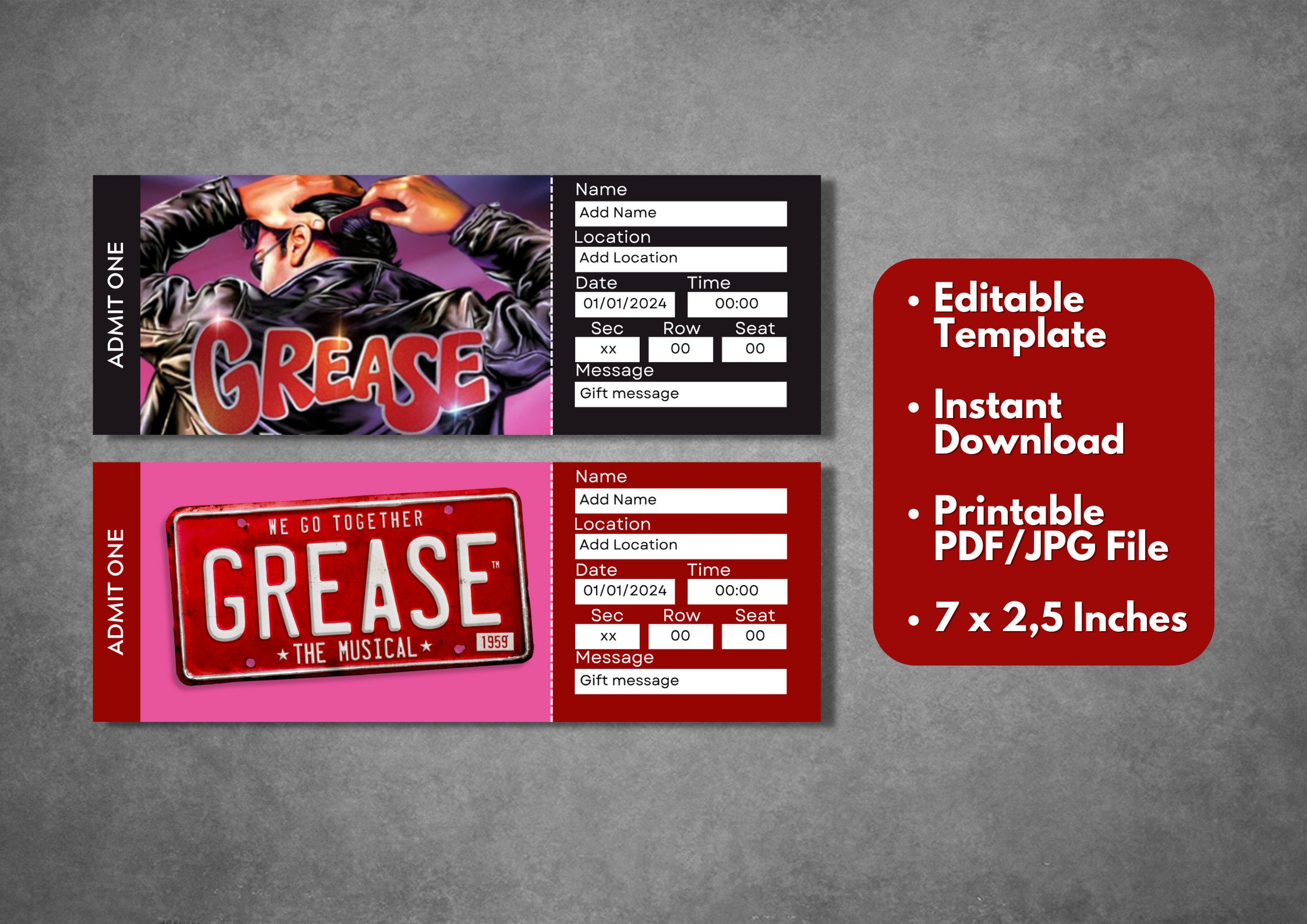 Editable Grease Broadway Ticket Template, Printable Grease Theatre Play ...