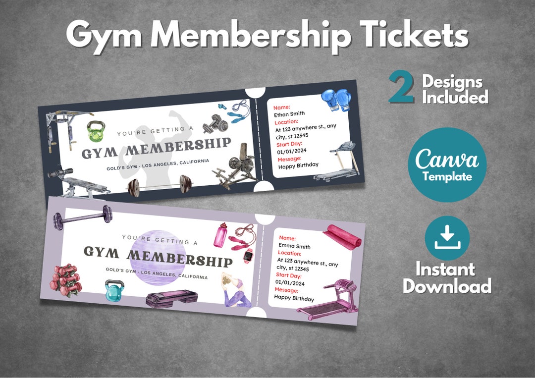 Editable Gym Membership Ticket Template, Printable Fitness Club ...