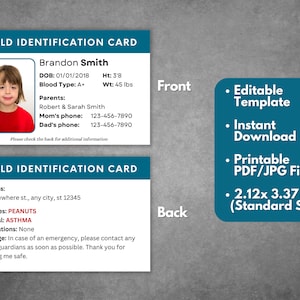 Editable Child ID Card Template, Custom Kid ID Card Template, Printable ...