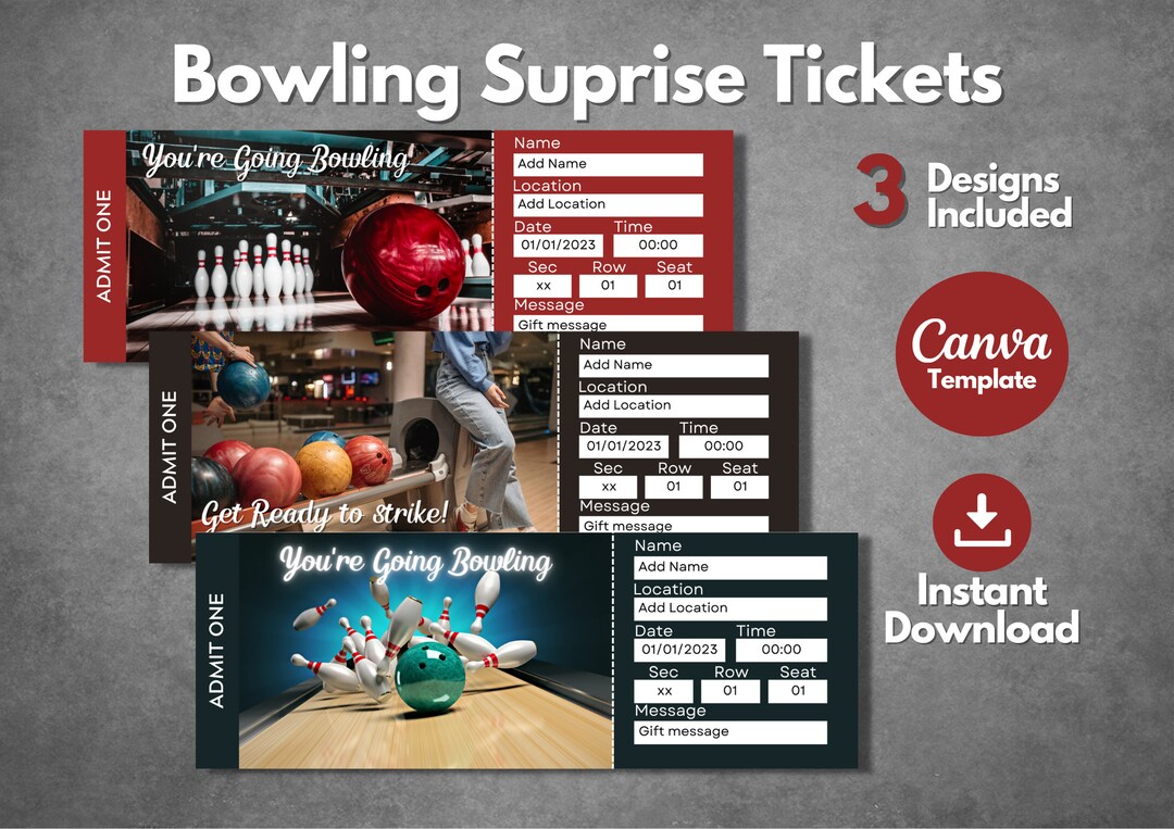 Printable Bowling Surprise Ticket Template, Editable Canva Invitation ...
