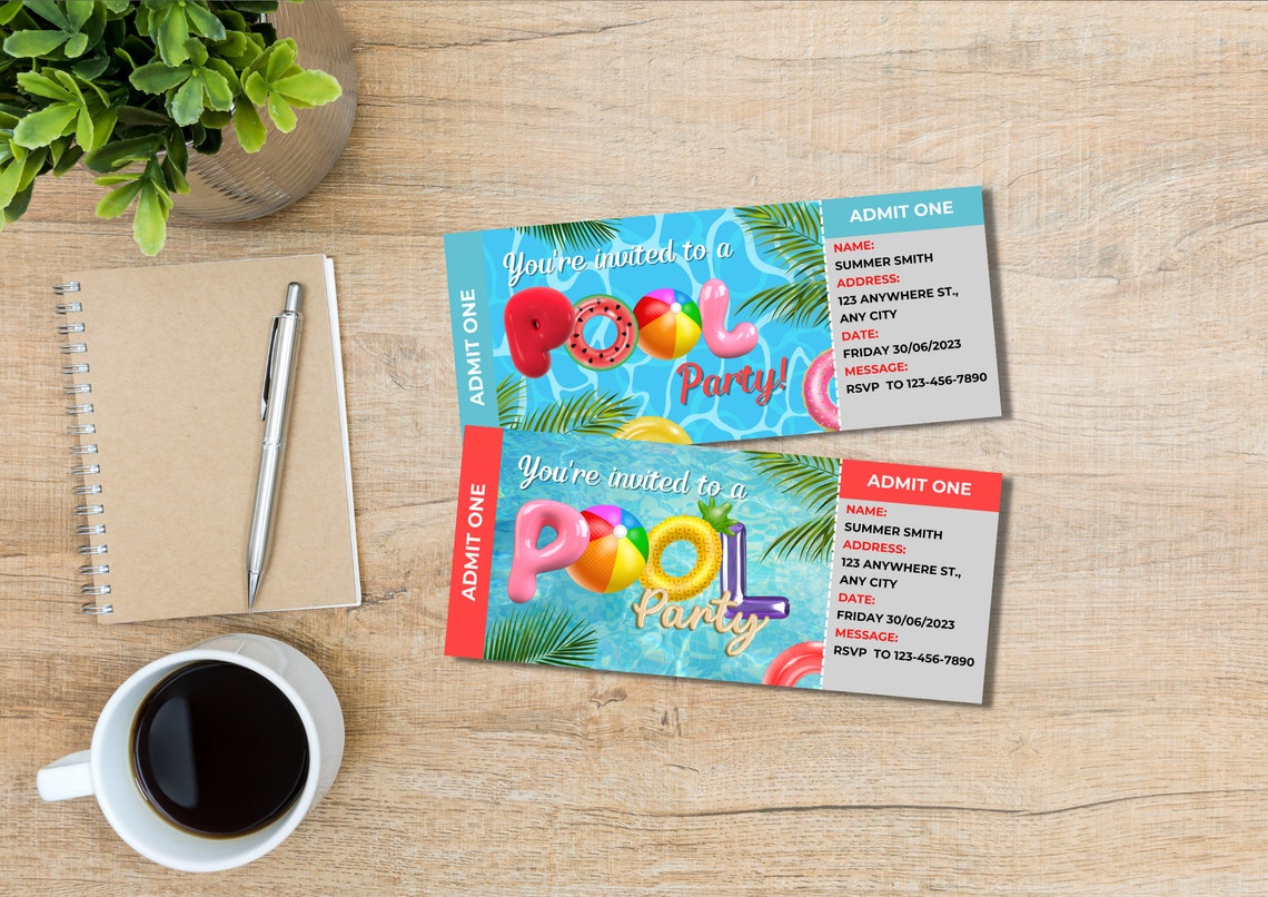 Pool Party Ticket Invitation Template, Editable Canva Design - Etsy