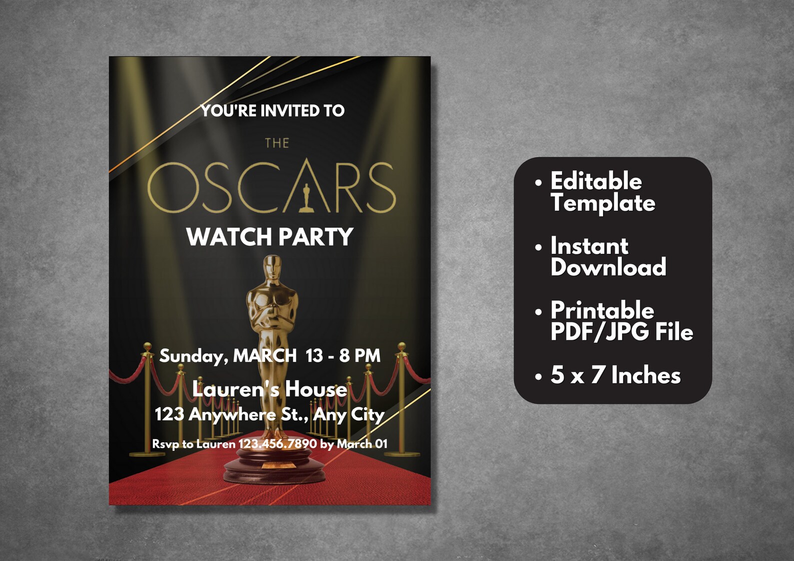 Editable Oscars Party Invitation Template, Printable Red Carpet Watch ...
