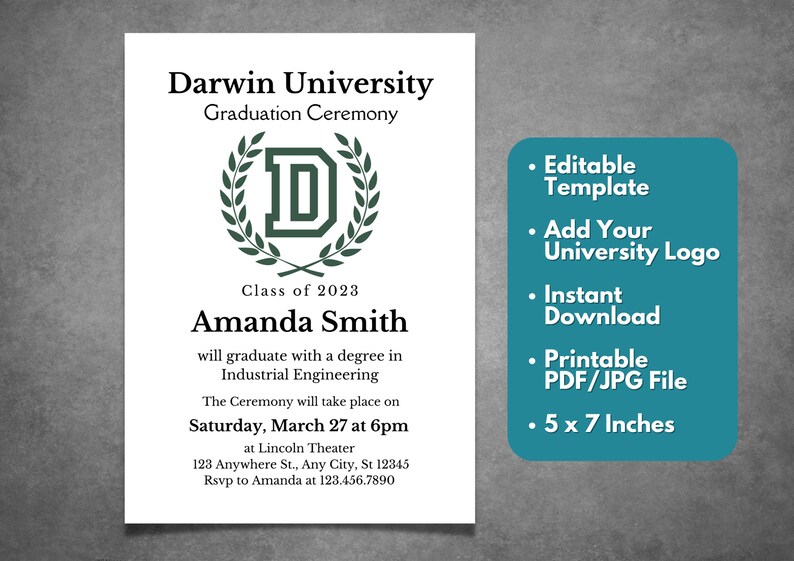 Formal College Graduation Announcement With School Logo, Editable ...