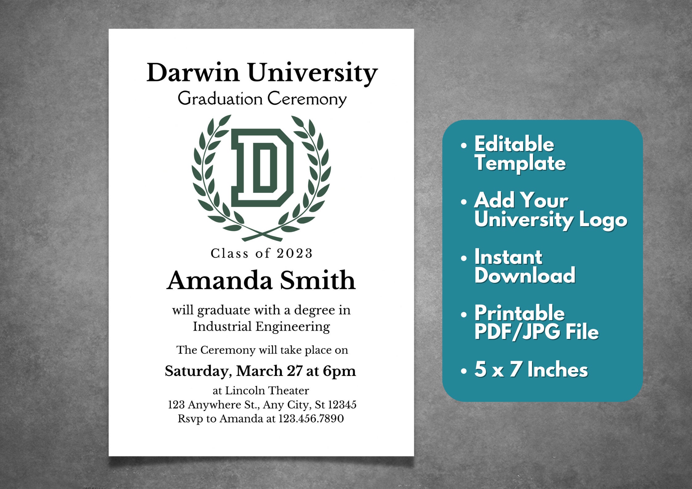 Formal College Graduation Announcement With School Logo, Editable ...