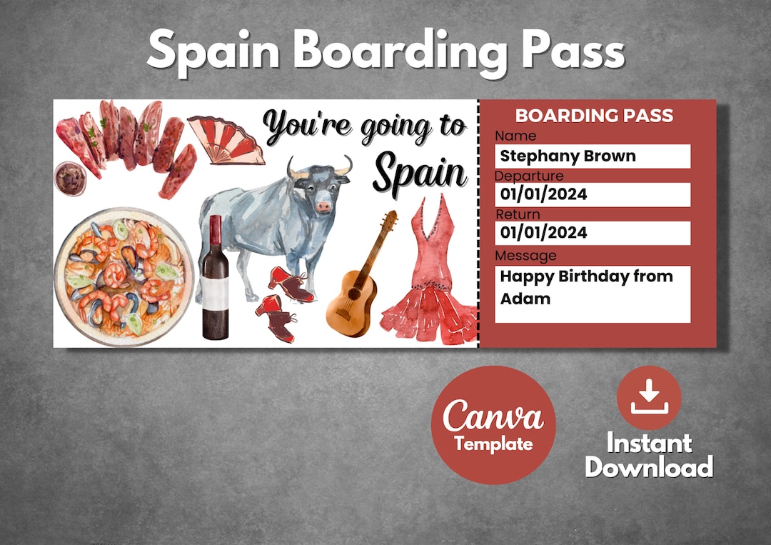 Editable Spain Surprise Gift Ticket Template, Printable Spain Vacation ...