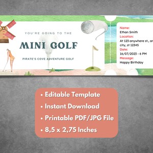 Editable Mini Golf Ticket Template, Printable Mini Golf Surprise Gift ...