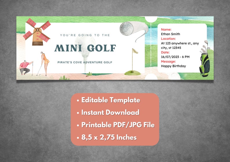 Editable Mini Golf Ticket Template, Printable Mini Golf Surprise Gift ...