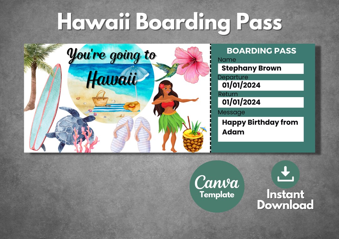 Editable Hawaii Surprise Gift Ticket Template, Printable Hawaii ...