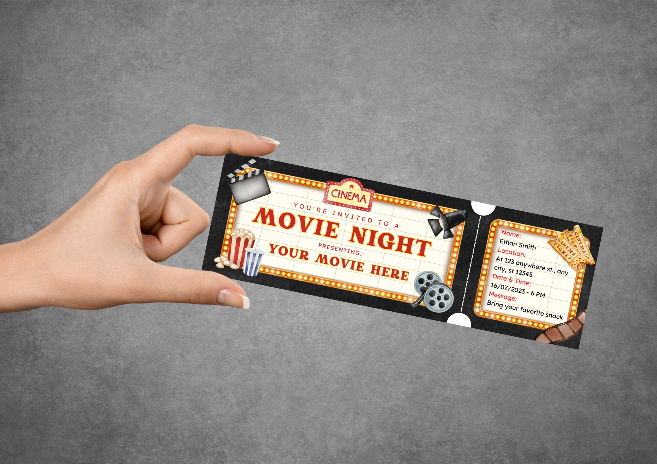 Editable Movie Night Ticket Template, Printable Movie Night Invitation ...