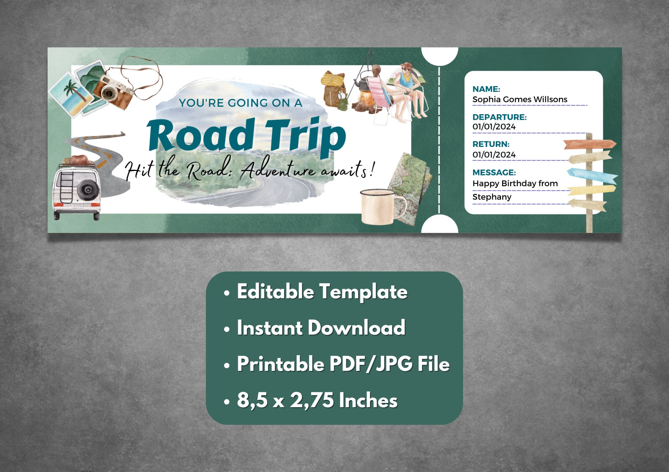 Editable Road Trip Ticket Template, Printable Road Trip Surprise Gift ...