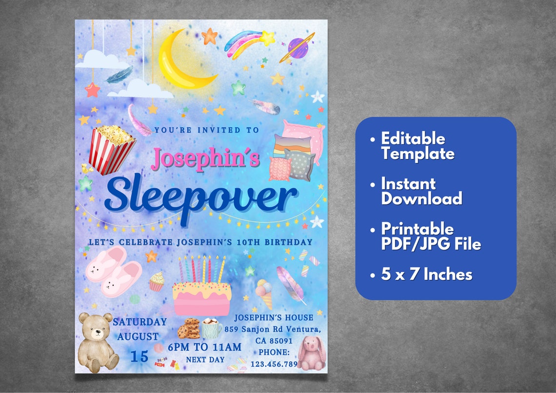 Editable Slumbers Party Invitation Template, Printable Sleepover Flyer ...