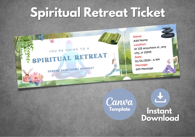 Editable Spiritual Retreat Ticket Template, Yoga Gift (canva Template ...