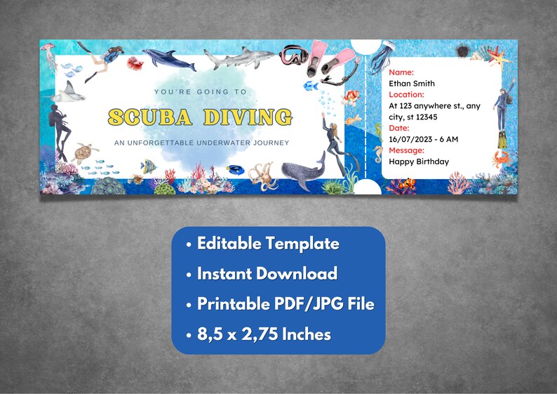 Editable Scuba Diving Ticket Template, Printable Scuba Diving Surprise ...