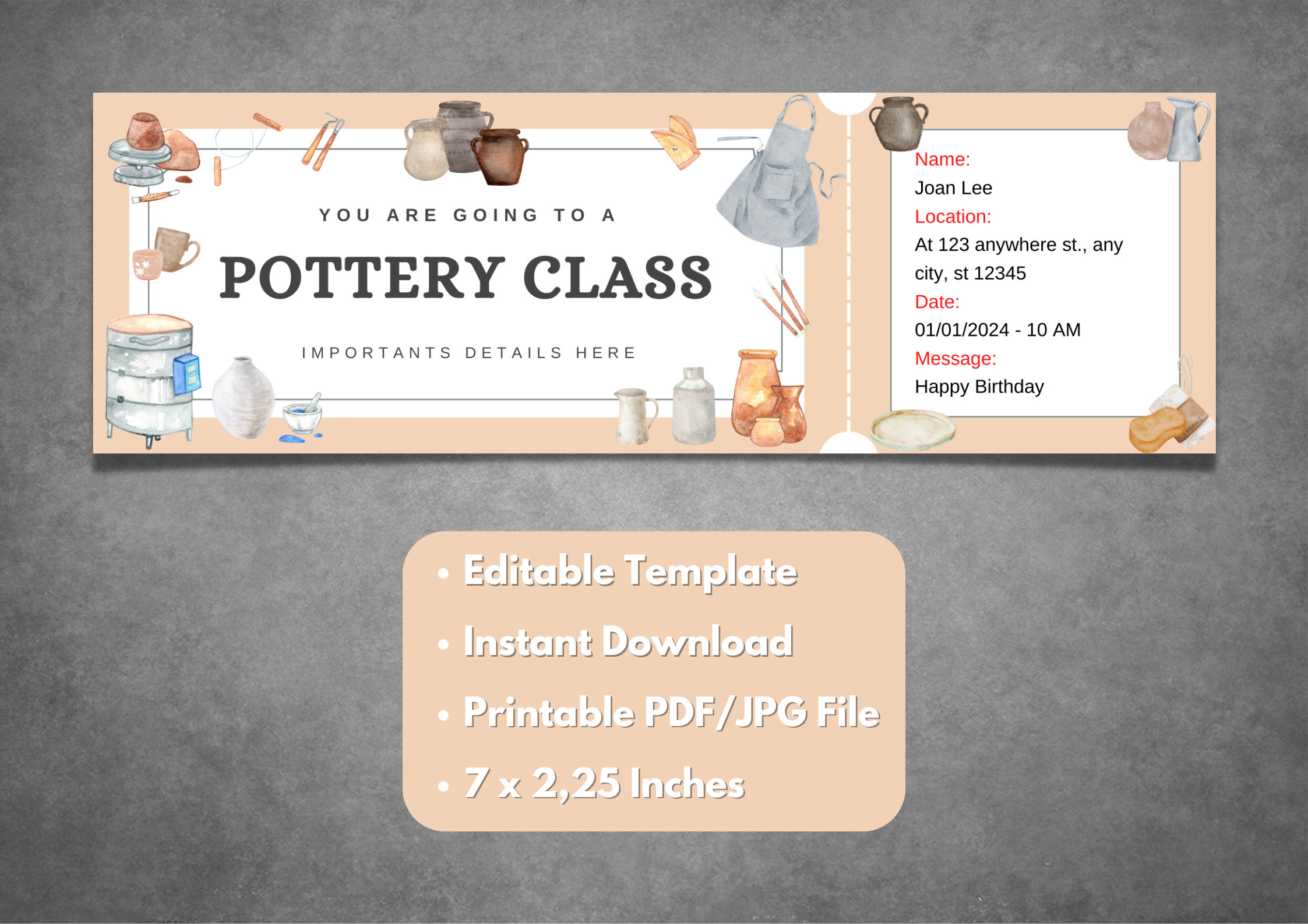 Editable Pottery Class Ticket Template, Printable Pottery Lesson ...