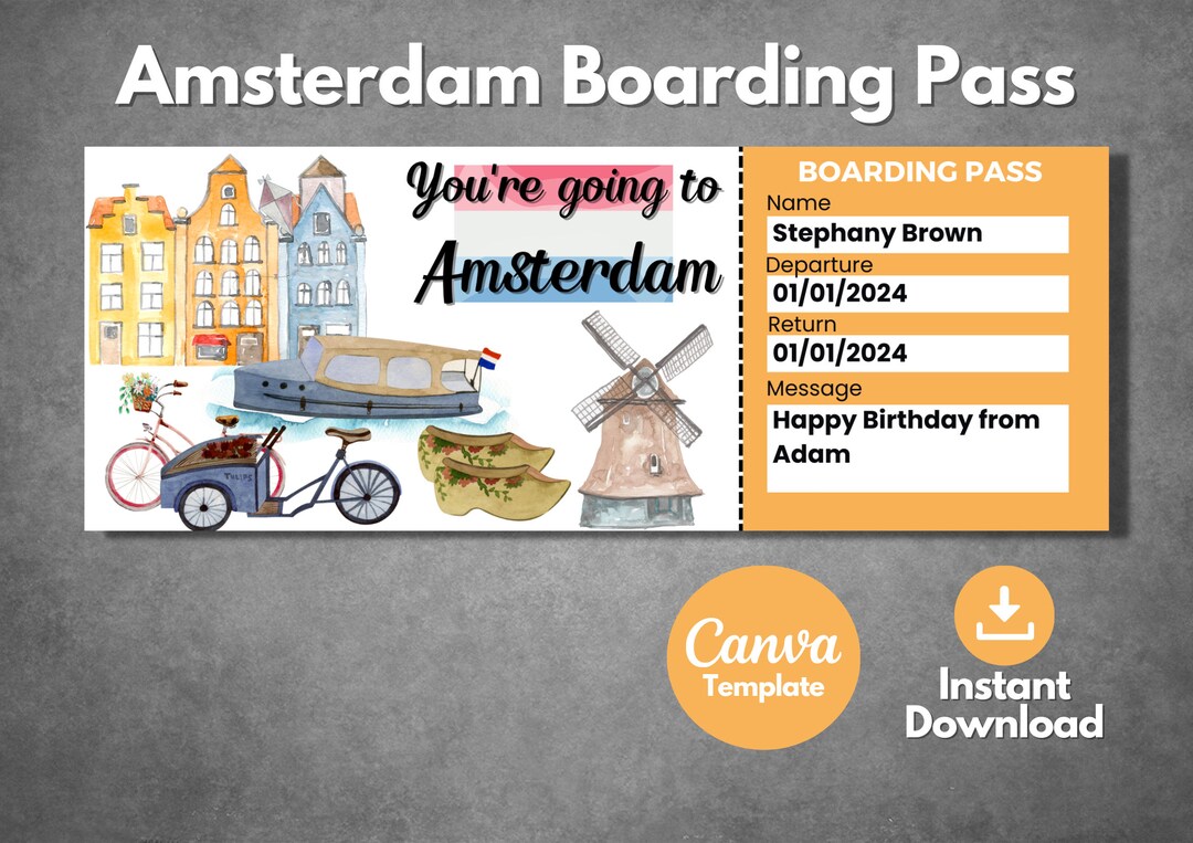 Editable Amsterdam Netherlands Ticket Template, Printable Amsterdam ...