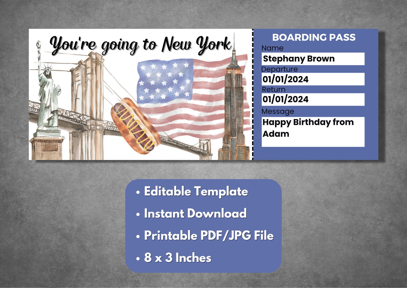 Editable New York Surprise Gift Ticket Template, Printable New York ...