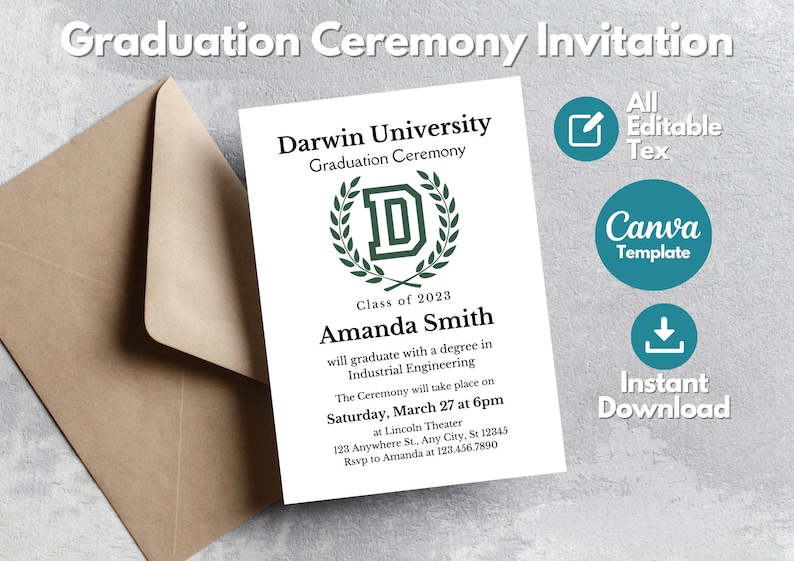 Formal College Graduation Announcement With School Logo, Editable ...