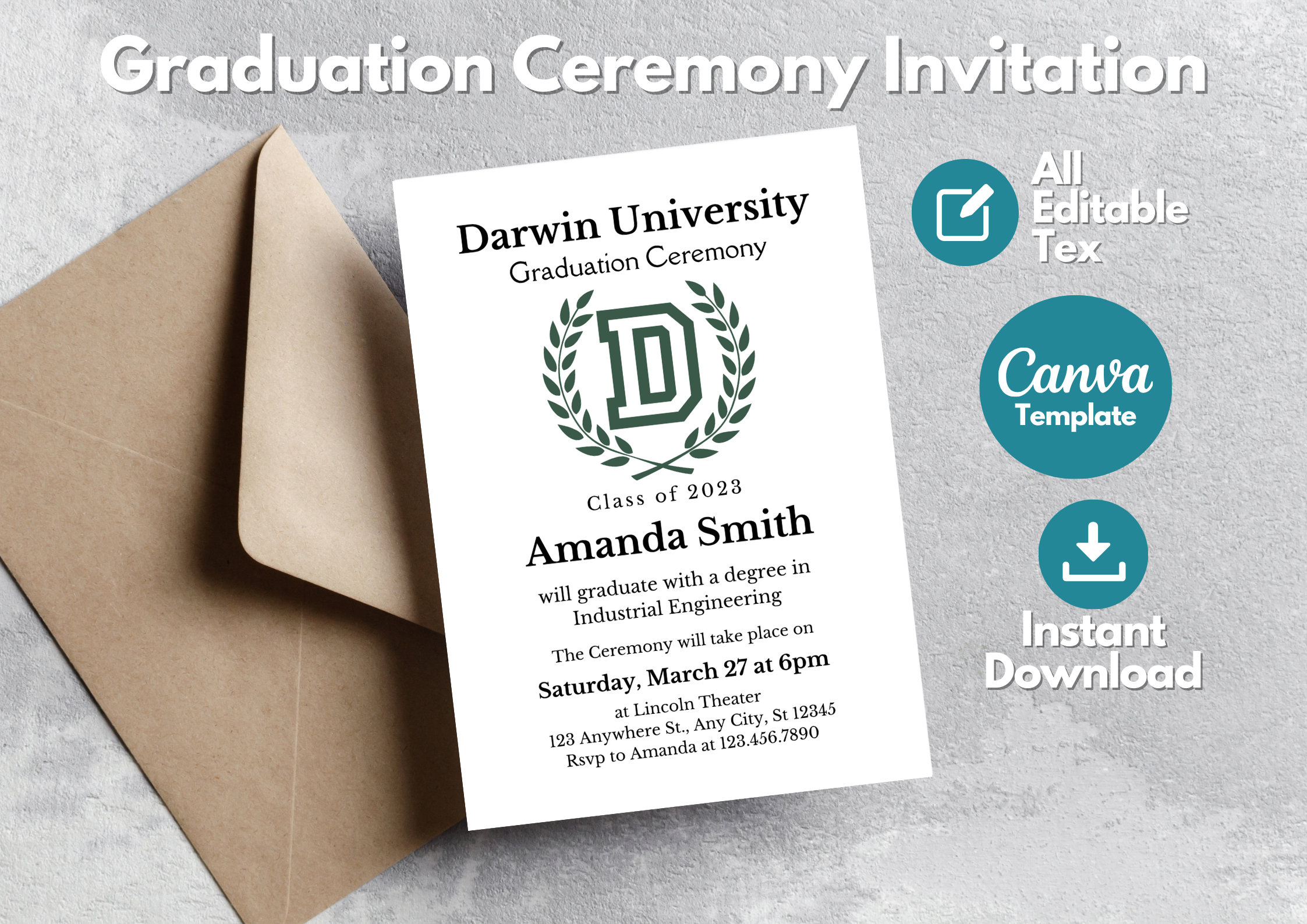 Formal College Graduation Announcement With School Logo, Editable ...