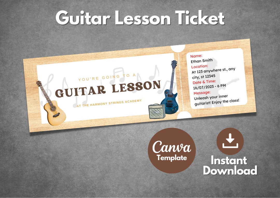 Editable Guitar Lesson Ticket Template, Printable Guitar Class Voucher ...