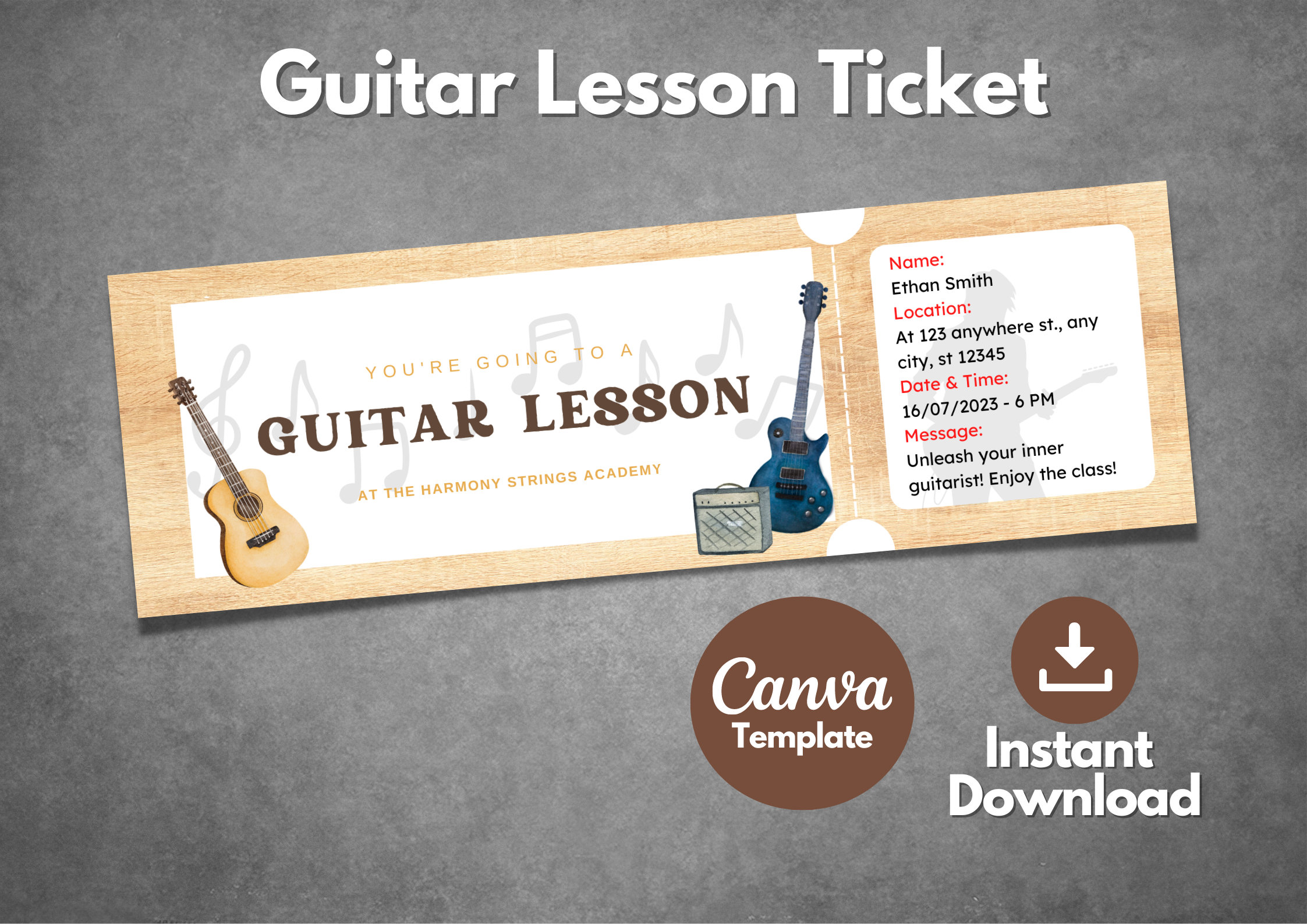 Editable Guitar Lesson Ticket Template, Printable Guitar Class Voucher ...