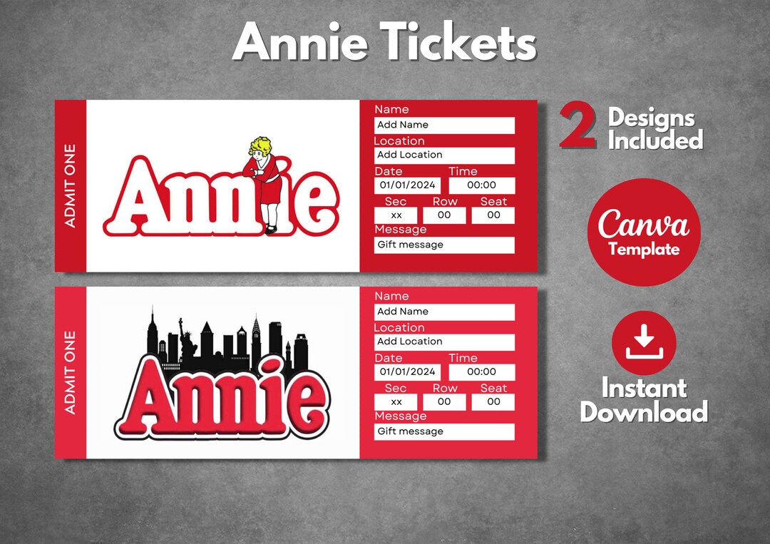 Editable Annie Broadway Show Ticket Template, Printable Annie Theatre ...