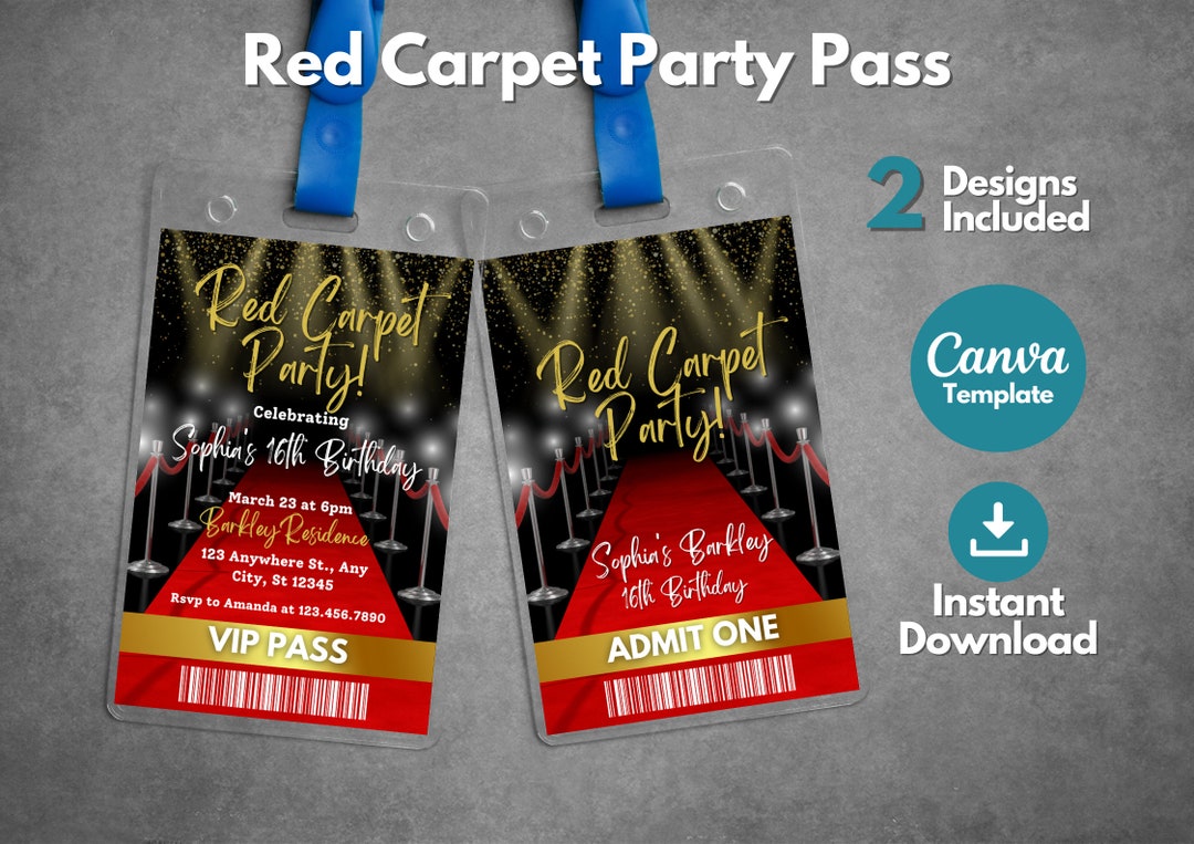 Editable Red Carpet Party VIP Pass Template, Printable Red Carpet Sweet ...