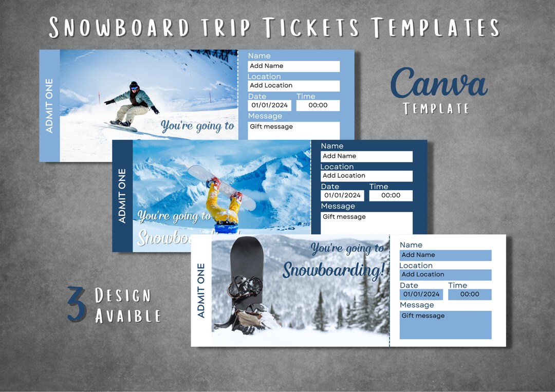 Editable Snowboard Vacation Trip Ticket Template, Printable Snowboard ...