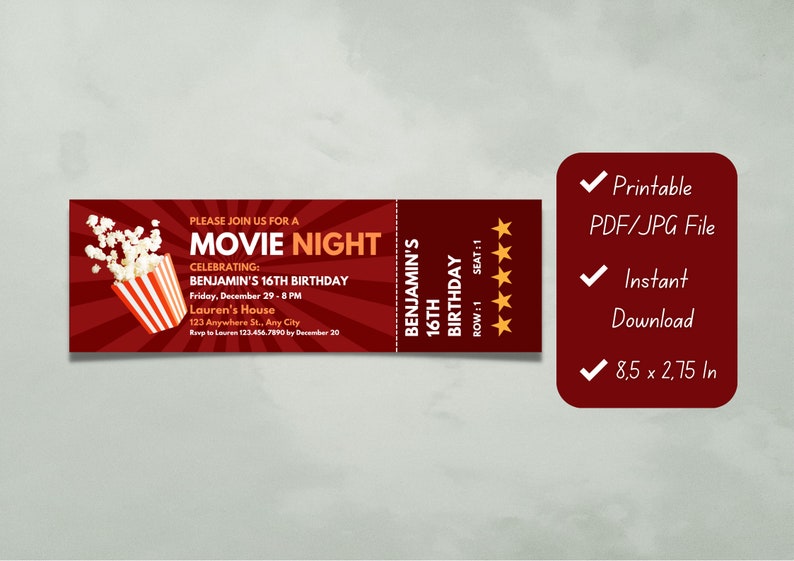 Editable Movie Night Ticket Template, Printable Canva Invitation - Etsy