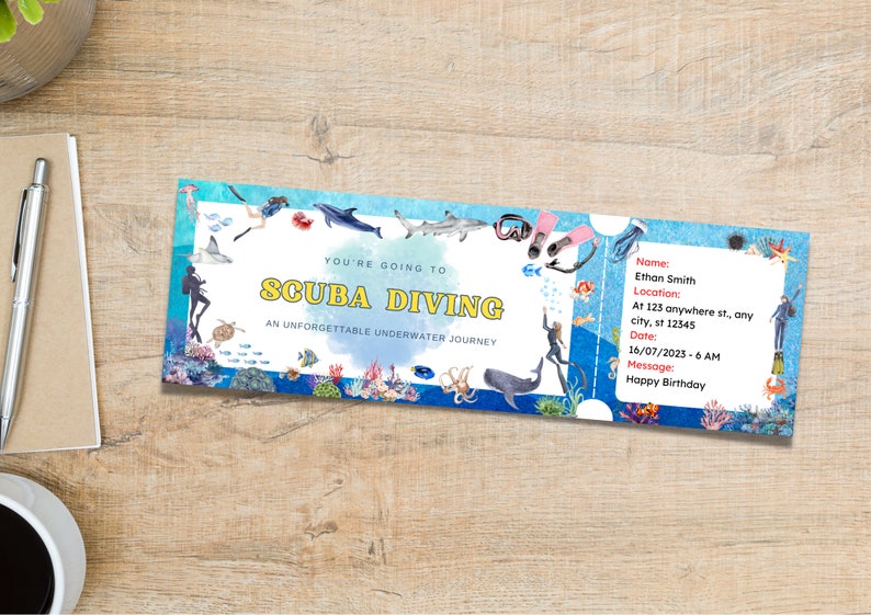 Editable Scuba Diving Ticket Template, Printable Scuba Diving Surprise ...