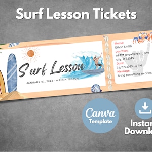 Editable Surf Lesson Ticket Template, Printable Canva Voucher - Etsy