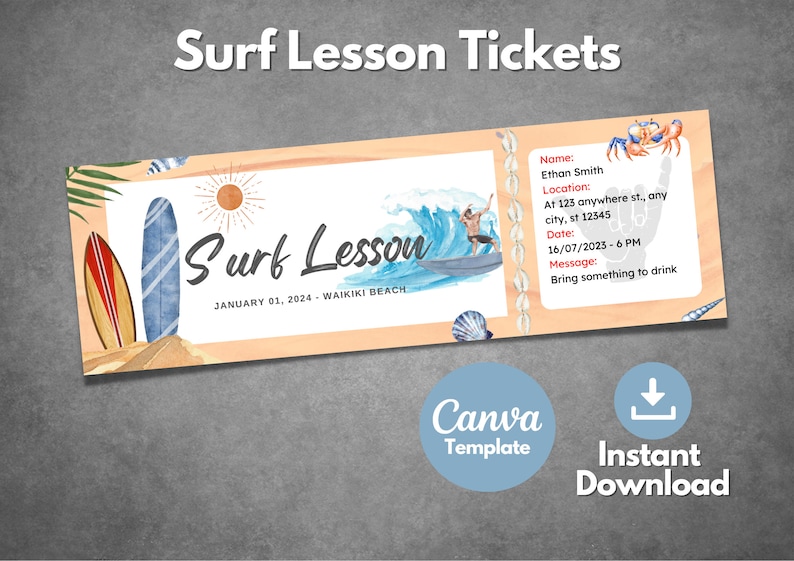 Editable Surf Lesson Ticket Template, Printable Surf Lesson Surprise ...