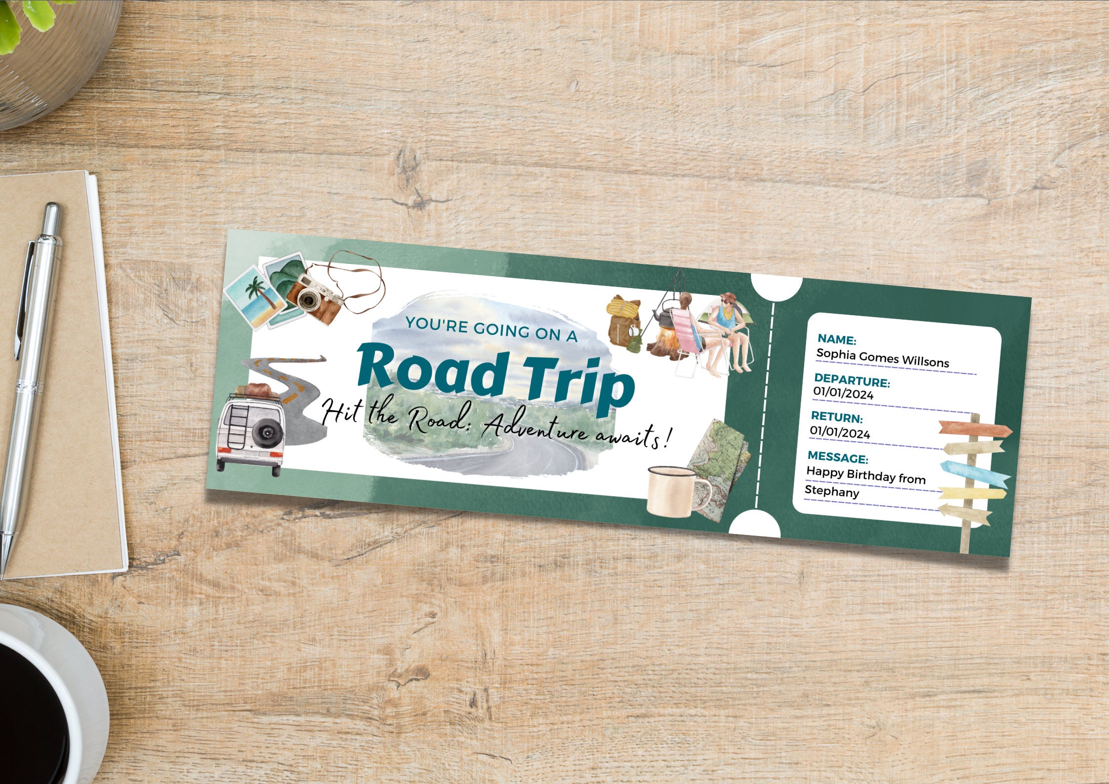 Editable Road Trip Ticket Template, Printable Road Trip Surprise Gift ...