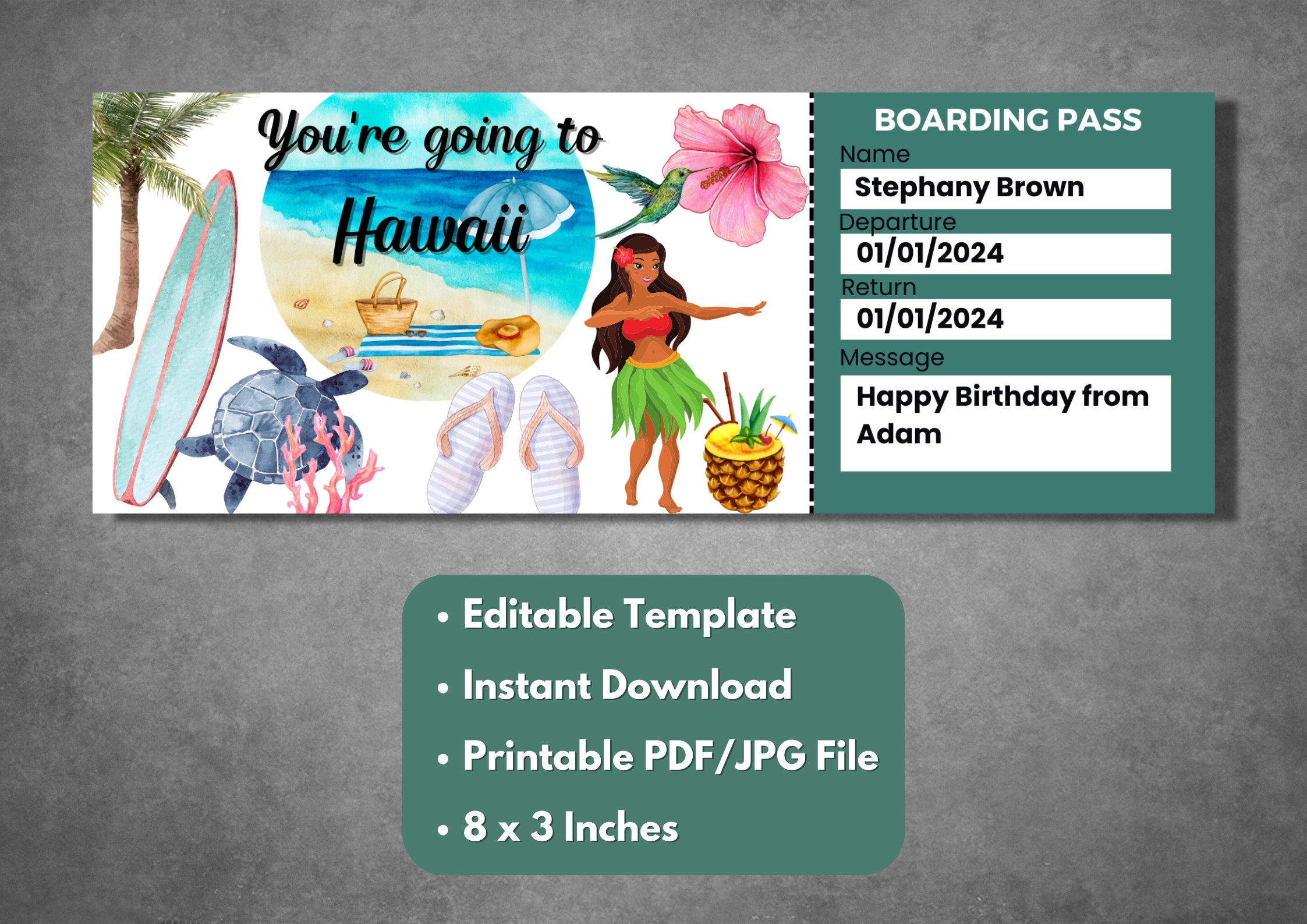 Editable Hawaii Surprise Gift Ticket Template, Printable Hawaii ...