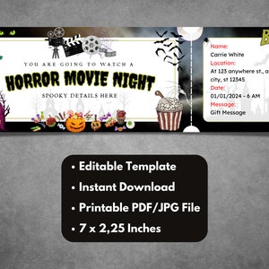 Editable Horror Movie Night Ticket Template, Printable Halloween Movie ...