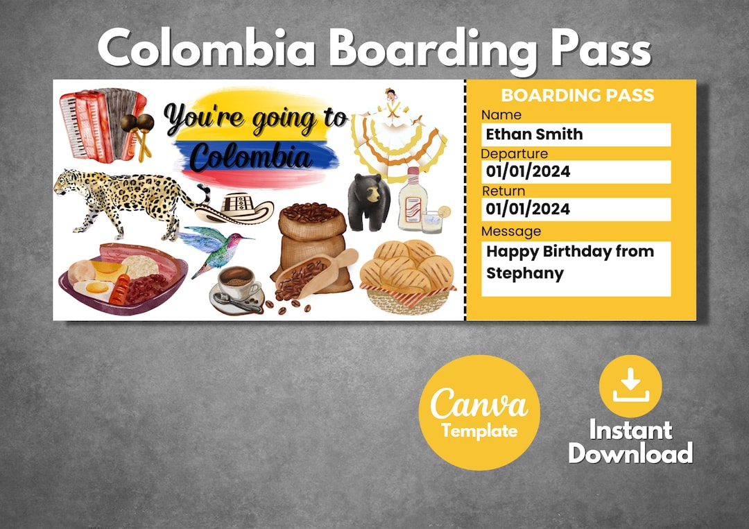 Editable Colombia Surprise Gift Ticket Template, Printable Colombia ...