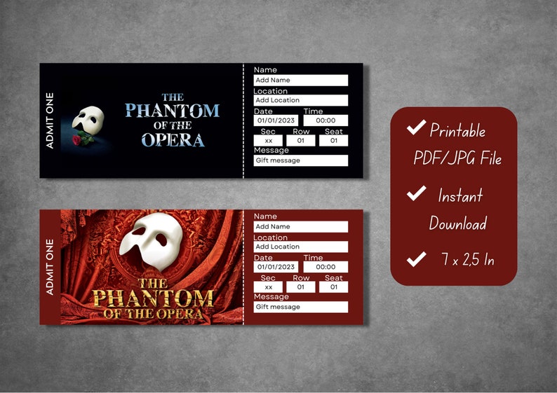 Editable the Phantom of the Opera Broadway Surprise Ticket Template ...