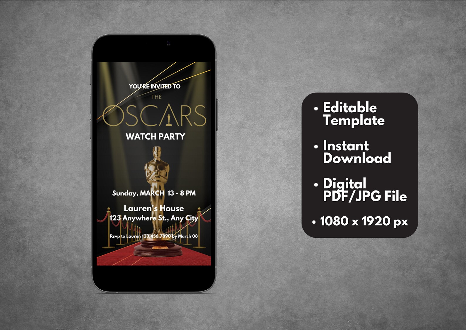 Editable Oscars Party Invitation Template, Printable Red Carpet Watch ...
