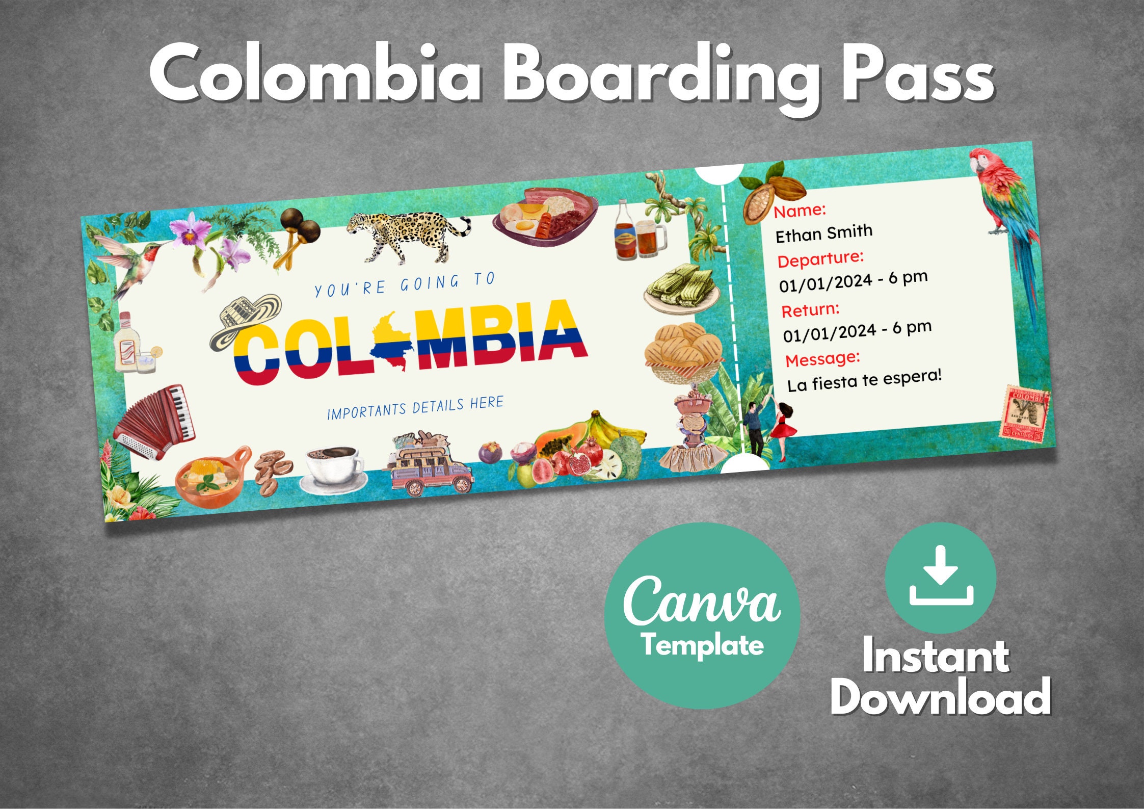 Editable Colombia Ticket Template, Printable Colombia Boarding Pass ...