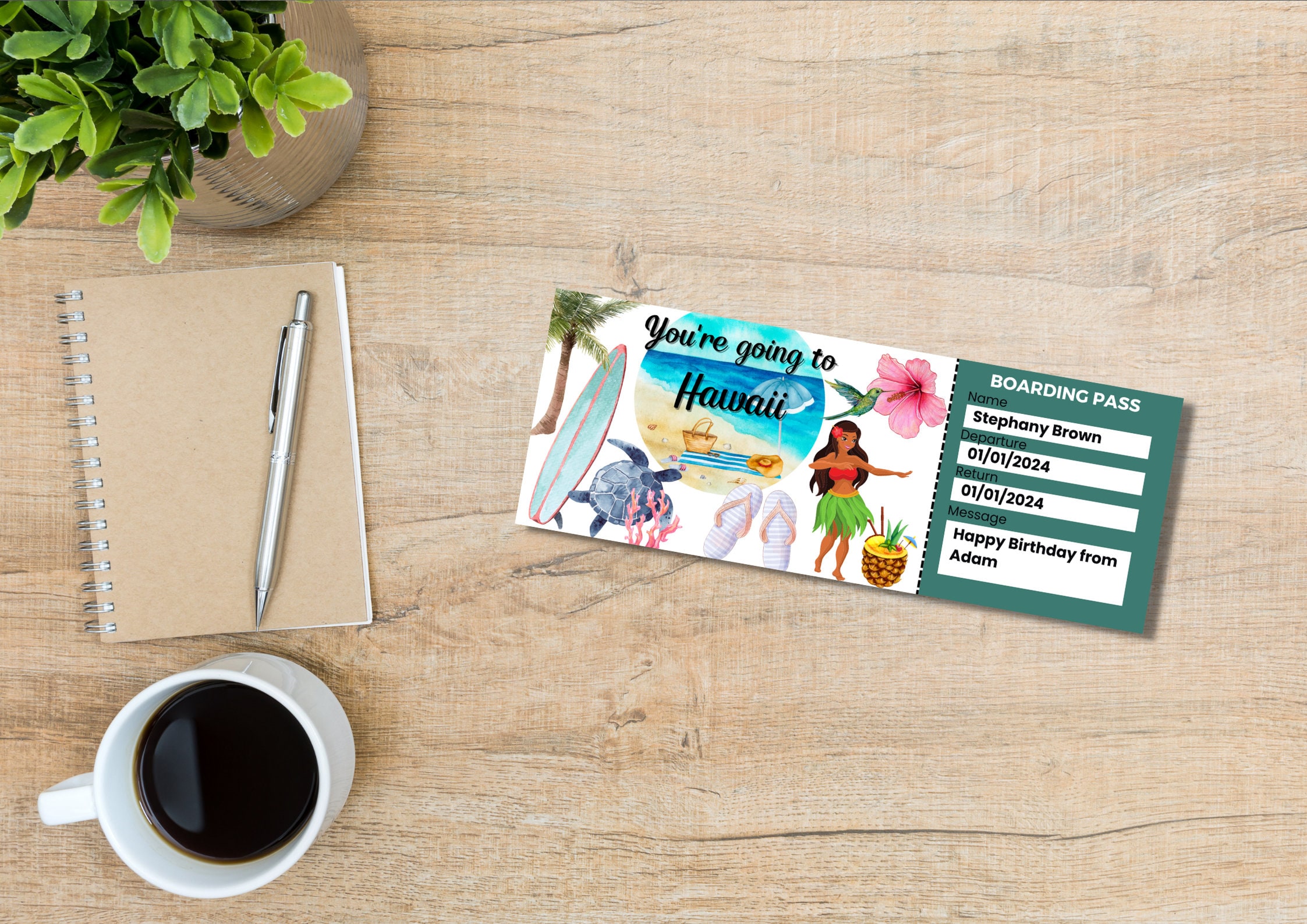 Editable Hawaii Surprise Gift Ticket Template, Printable Hawaii ...