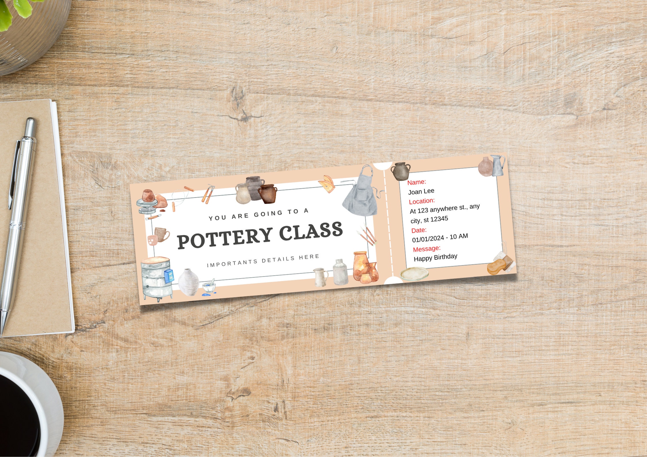 Editable Pottery Class Ticket Template, Printable Pottery Lesson ...