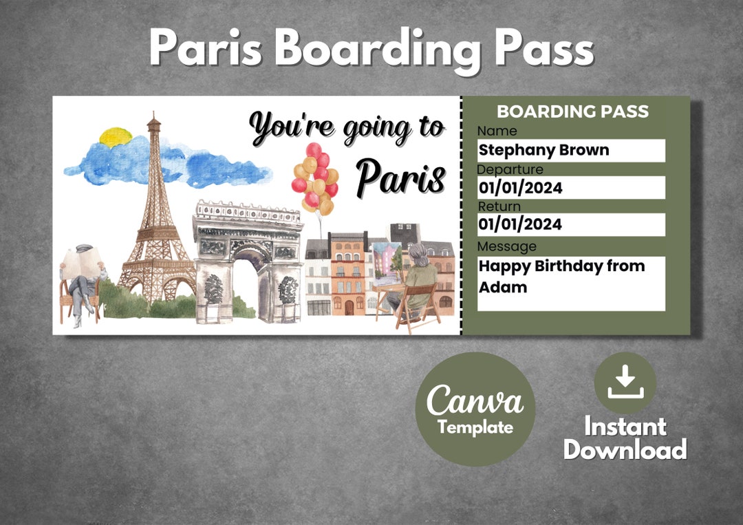 Editable Paris France Surprise Gift Ticket Template, Printable Paris ...