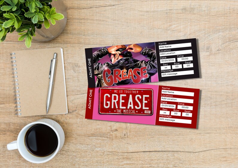 Editable Grease Broadway Ticket Template, Printable Grease Theatre Play ...