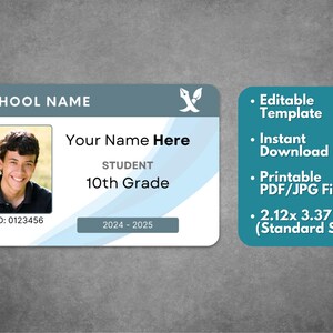 Editable Student ID Card Template, Custom ID Badge Template, Printable ...